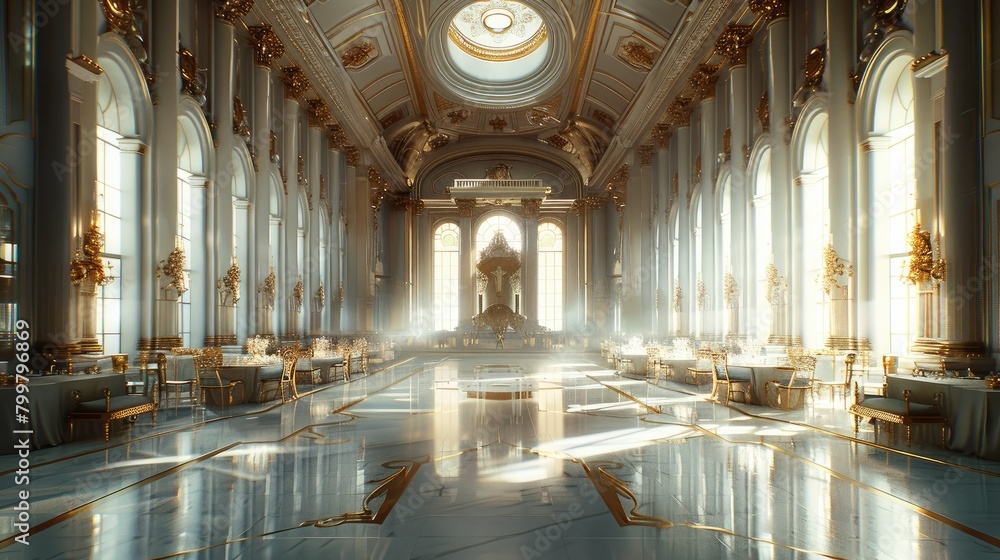 Landscape of an monumental high fantasy ballroom set up for a feast ...