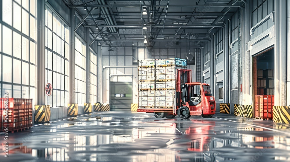 A forklift tractor loads pallets of packages into a cargo container, a ...