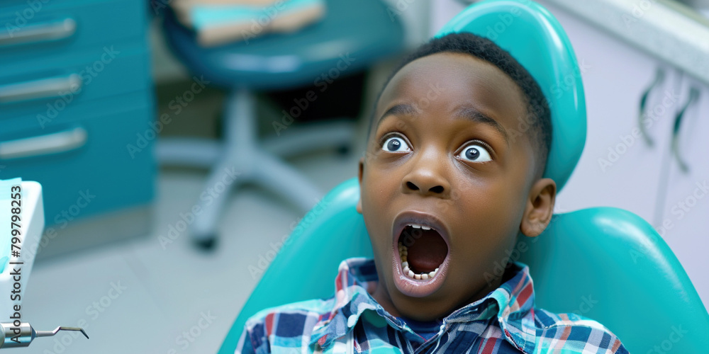 African-American with open mouth elementary school bo in dentist chair ...