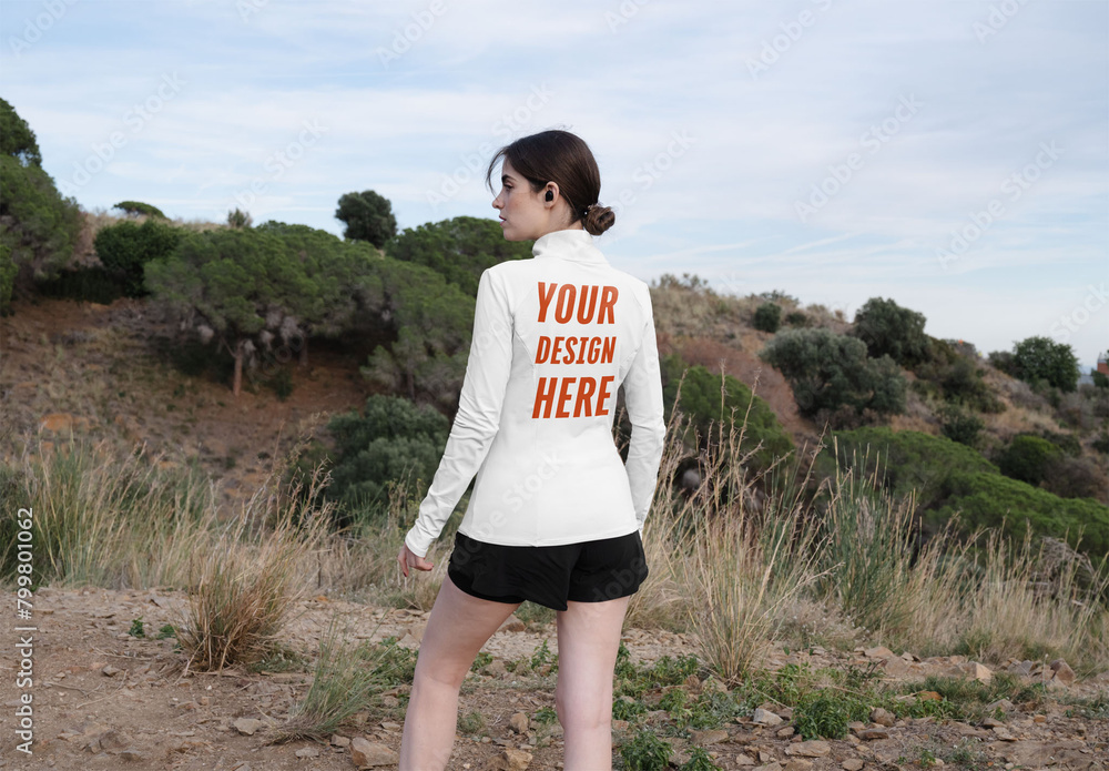 Mockup of woman wearing customized sports top, rear view Stock Template ...