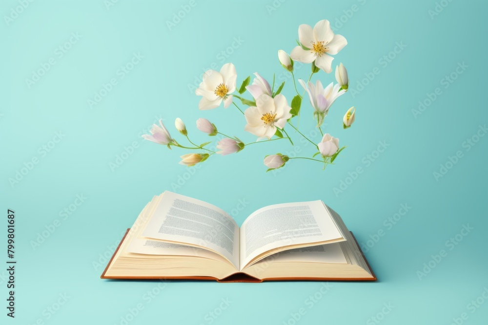 A floating open book with flowers falling out is isolated on a soft ...