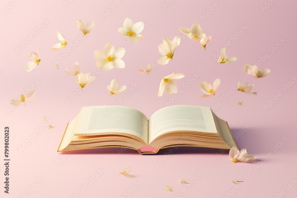 A floating open book with flowers falling out is isolated on a soft ...