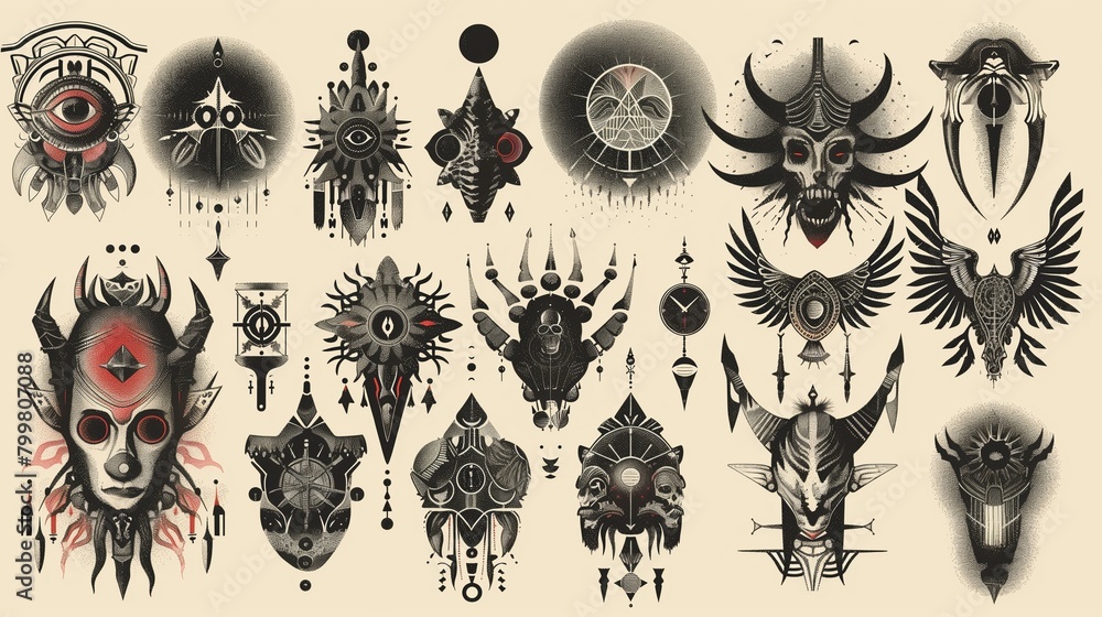 Neo-tribal gothic graphics set. Intricate black and red illustrations ...