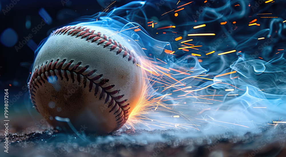A baseball flying through the air with electric blue sparks trailing it ...