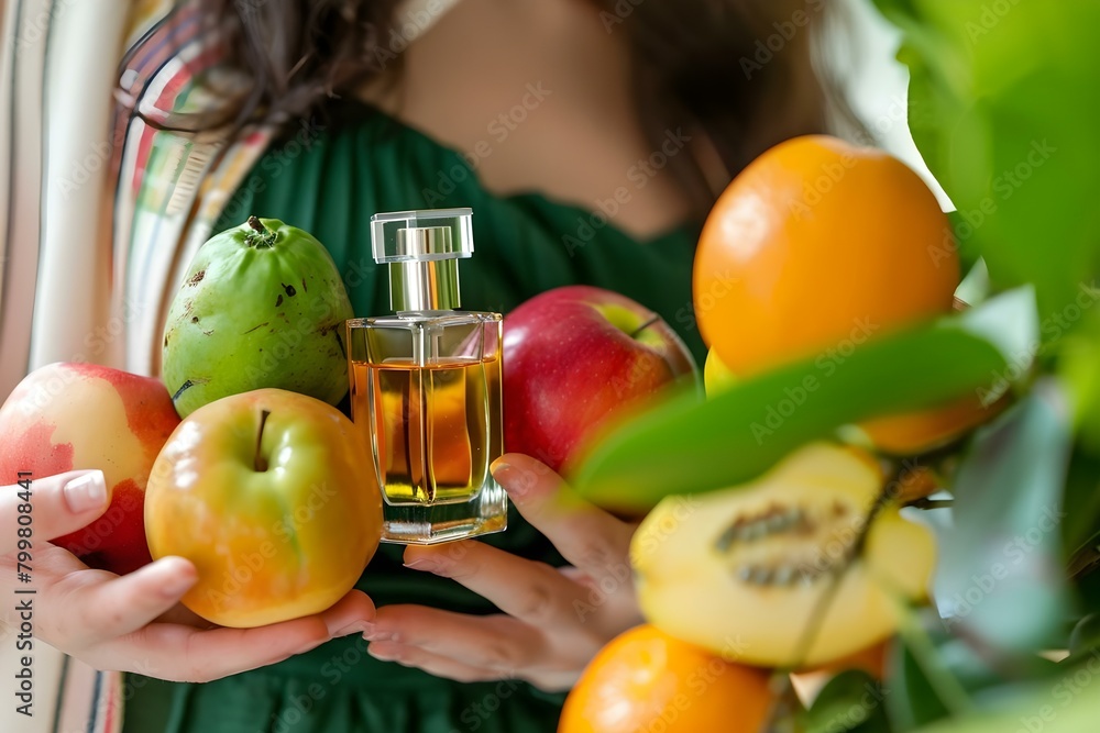 Woman stores fruit in perfume bottle holding it next to serum bag ...