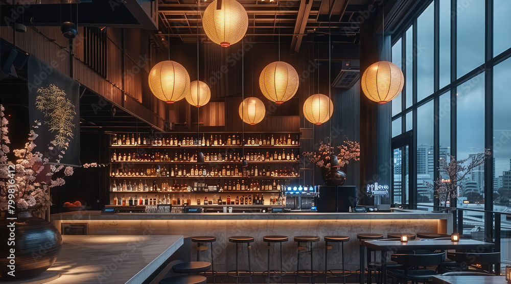 A dark and moody Japanese inspired bar with large windows, modern ...