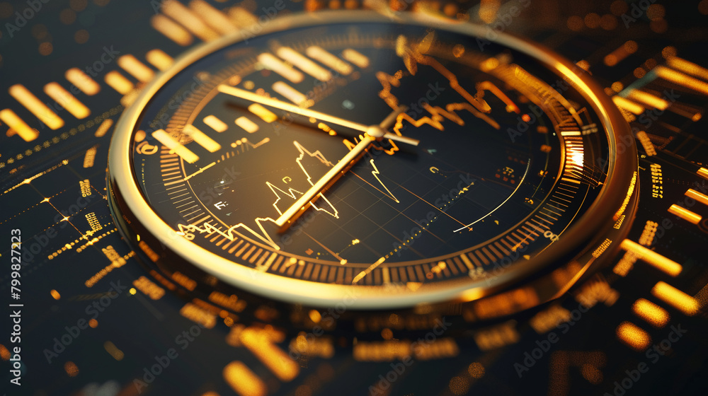 Picture a golden digital clock, its hands moving in sync with stock ...
