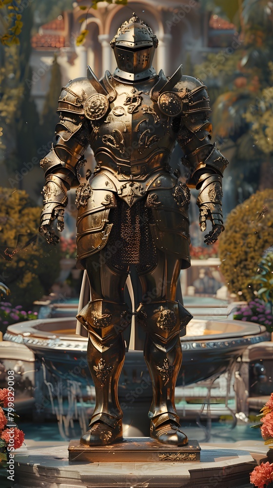 Imposing Armored Knight Statue in Gilded Medieval Battle Regalia Stock ...