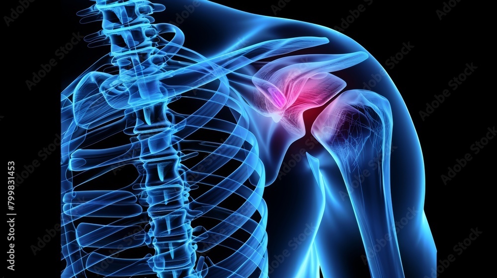 Detailed inflamed shoulder joint anatomy on dark background for medical ...