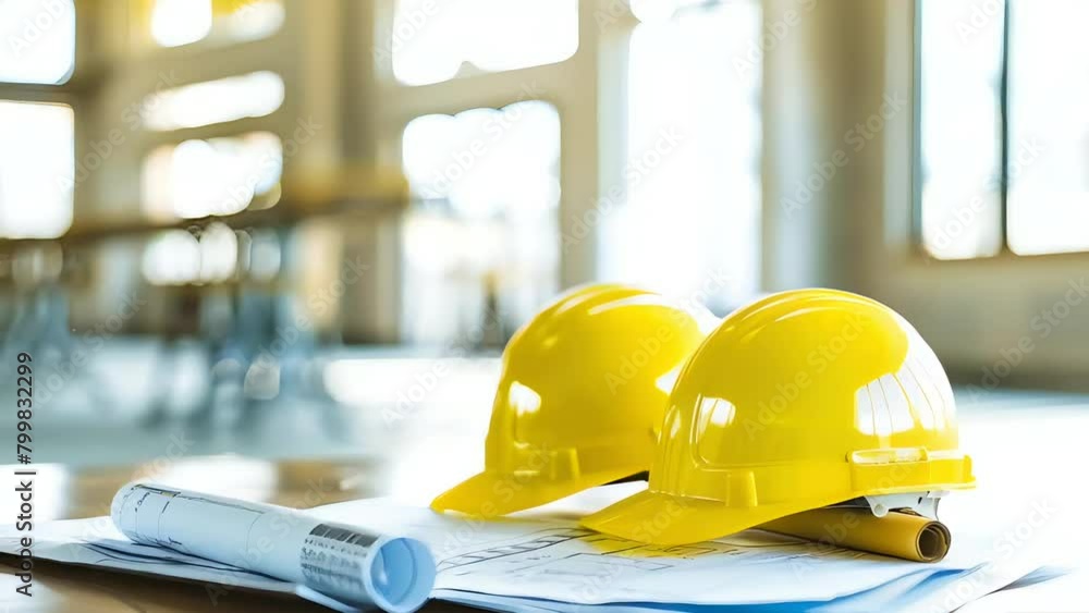 Dynamic 3D animation featuring construction helmets, blueprints, and ...