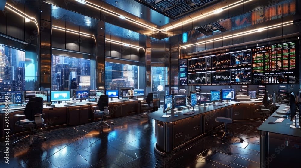 The interior of a futuristic trading room with a large central terminal ...