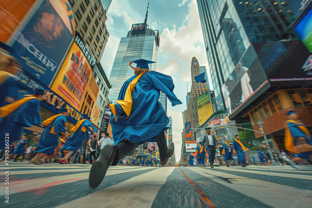 exuberance of graduation day captured as a graduate races down a ...