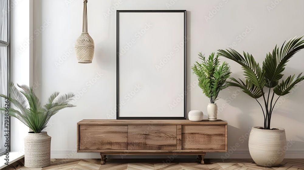 Stylish art space interior with cabinet and decoration, mockup frame ...