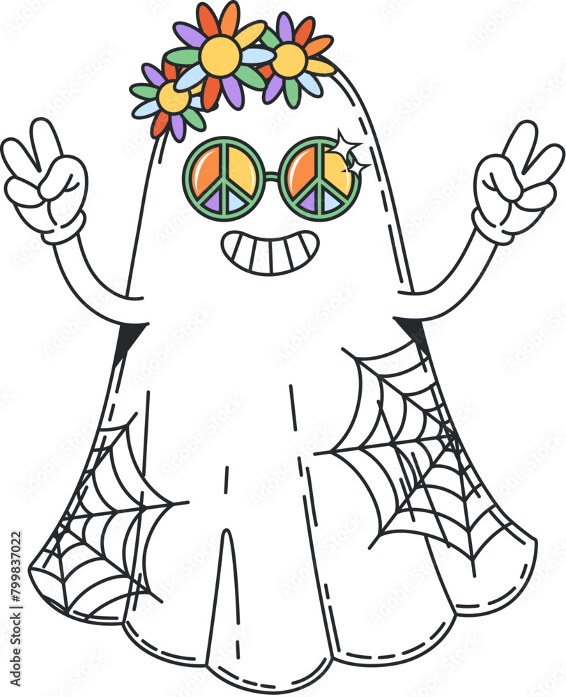 Cartoon Halloween groovy ghost character. Hippie spook personage with ...