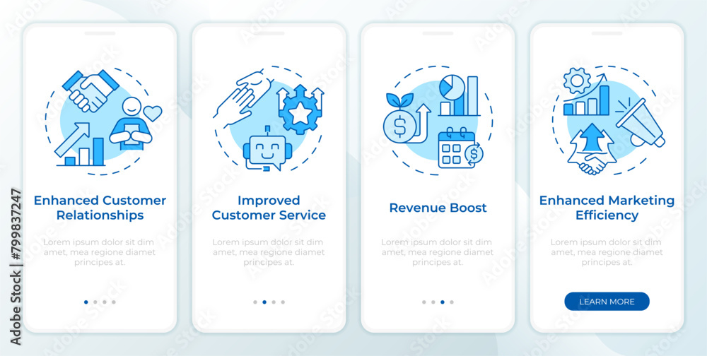 Crm Management System Blue Onboarding Mobile App Screen Walkthrough 4 Steps Editable Graphic