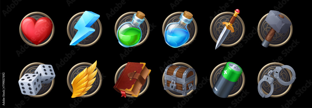 Game asset icons vector set. Fantasy sword, lightning flash and heart ...
