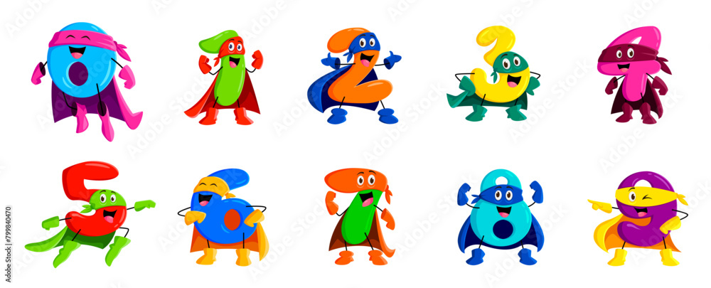 Cartoon math number superhero characters in super hero capes, vector ...
