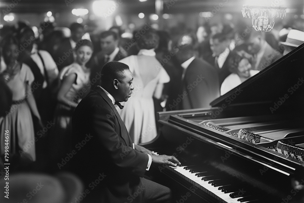 A 1920s-style black and white photograph of a jazz pianist playing the ...