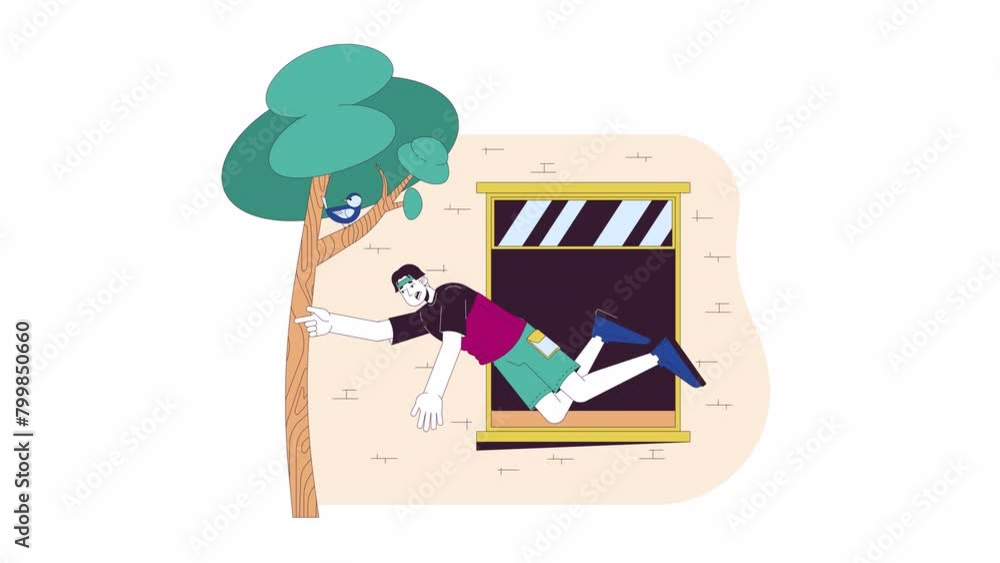 Asian male falling out of window line cartoon animation. Careless ...