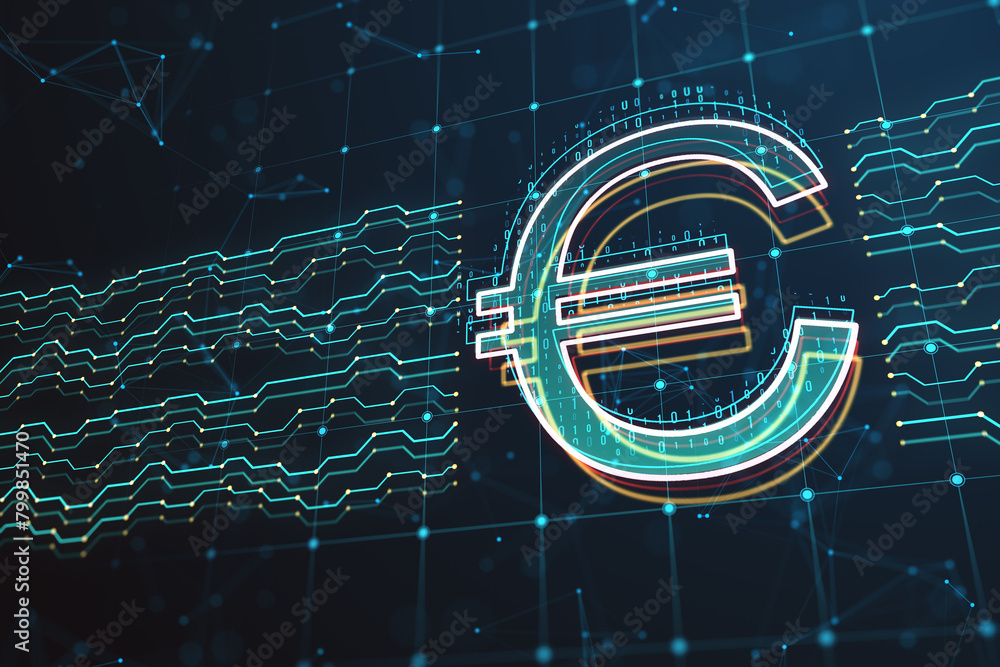 Abstract digital euro sign and circuit on dark grid backdrop. Online ...