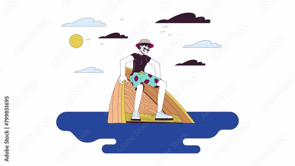 Frightened asian woman in drowning boat line cartoon animation ...