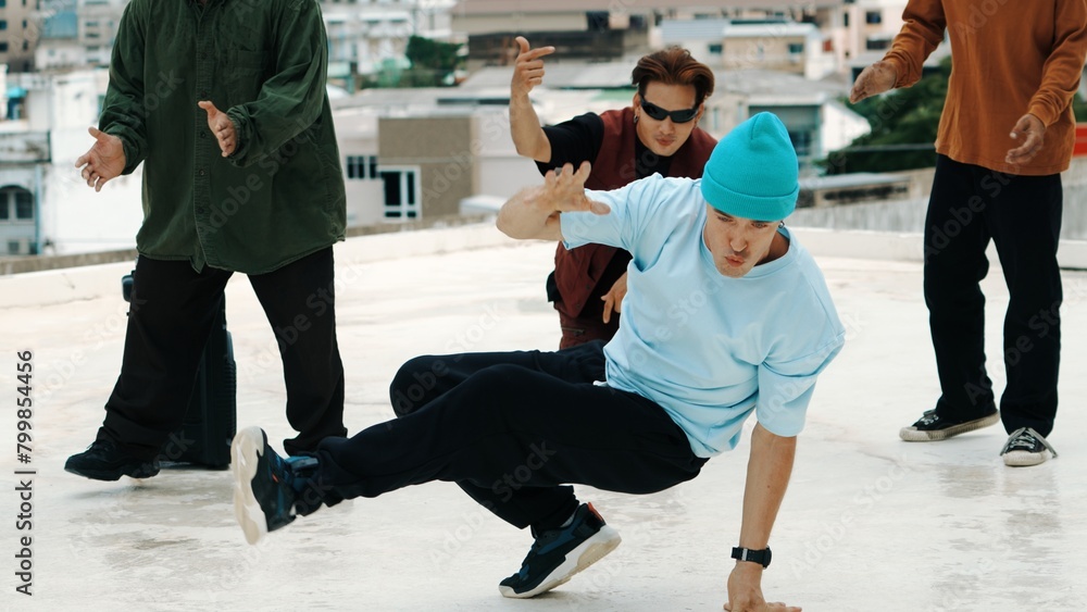Professional break dance team practice B-boy dance while multicultural ...