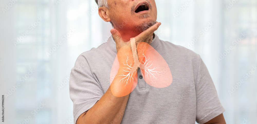 Sick senior man touching neck unwell coughing with sore throat pain ...