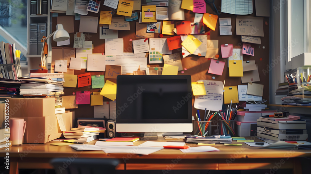 Top view on messy office desk with laptop, coffee and post it notes all ...