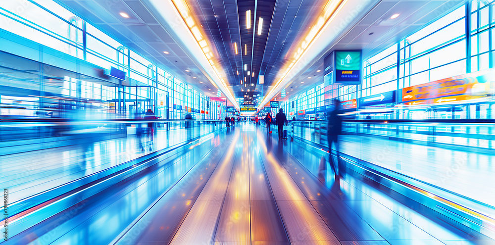 Center view of a modern airport corridor with with all glass windows ...