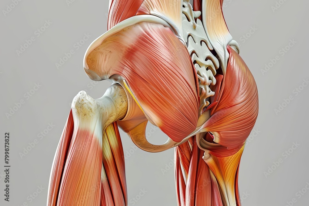 3D diagram of hip muscles illustrating bursitis, in a clinical color ...