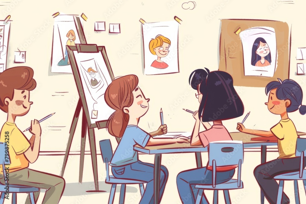 Cartoon cute doodles of an art class focused on perspective drawing ...