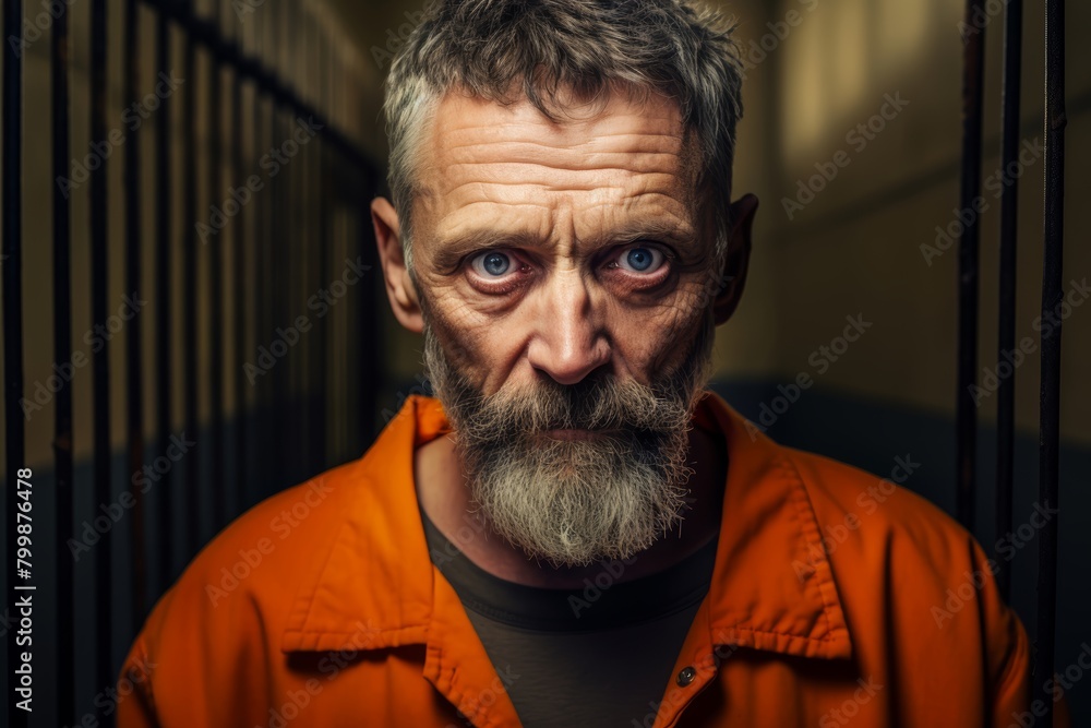 A Dramatic portrait of a mature Caucasian male inmate, aged 56, staring ...