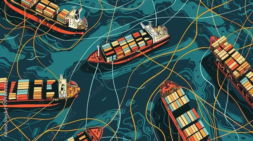 Trade Disputes Cargo ships stalled at a port, surrounded by tangled ...