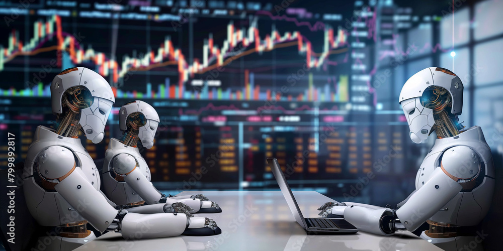Futuristic technology concept. Team of artificial intelligence finance robots in financial stock ...