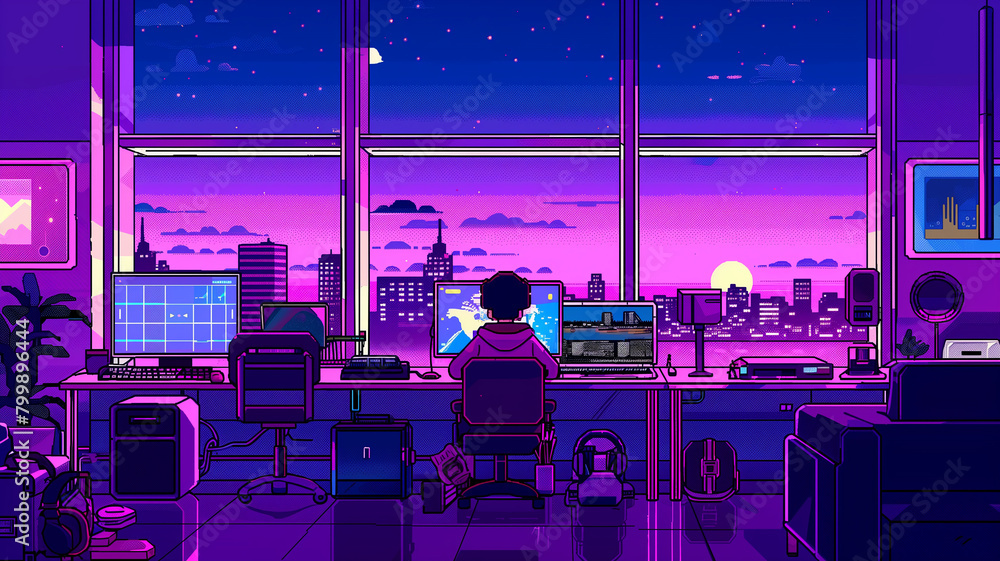 16-bit pixel art in purple and pink, a scene of a computer in a cozy ...