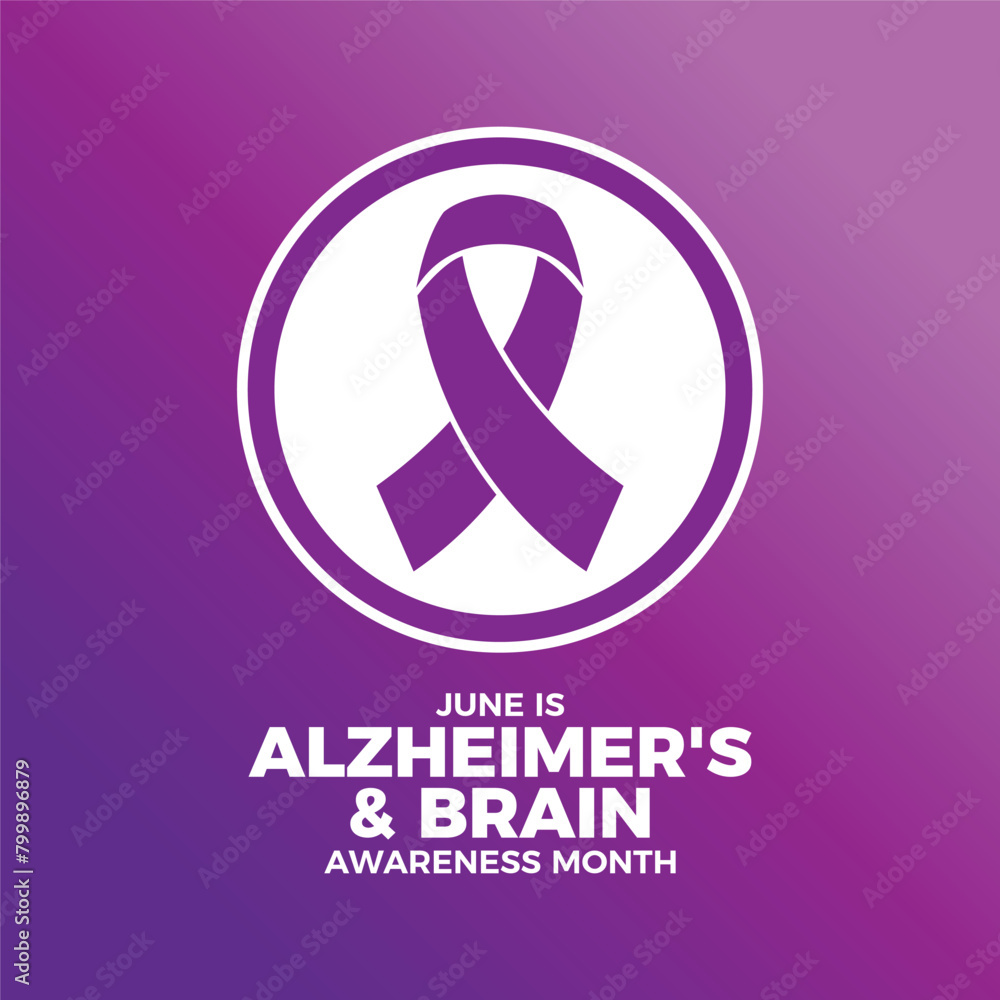 June is Alzheimer's & Brain Awareness Month poster vector illustration. Purple awareness ribbon ...