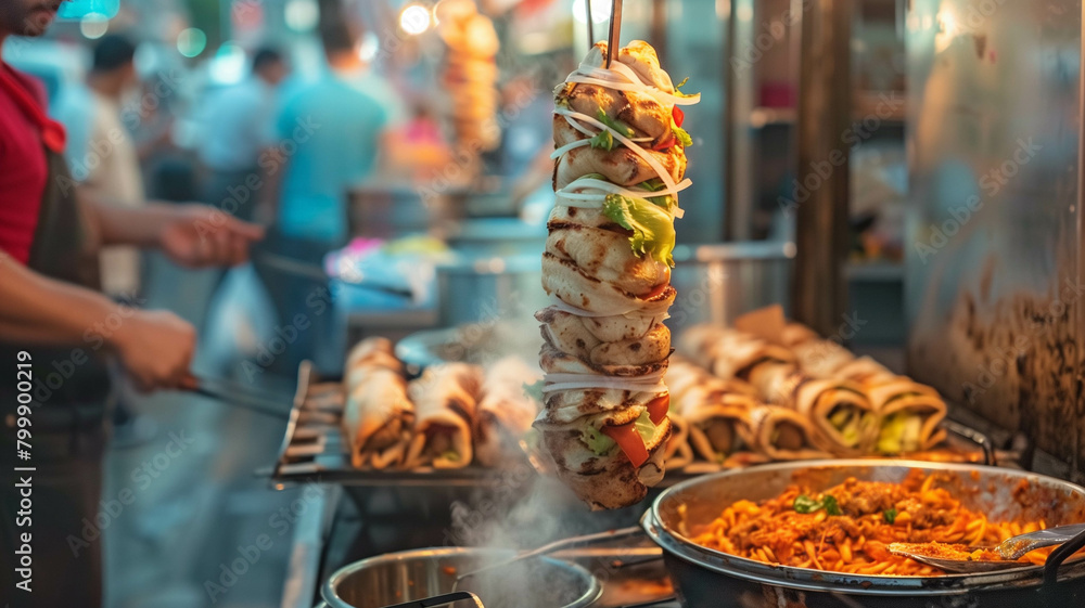 In a vibrant market setting, a street food stall showcases its ...