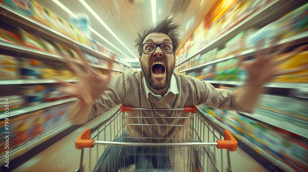 Dynamic image of a shocked man speeding with a shopping cart down a ...