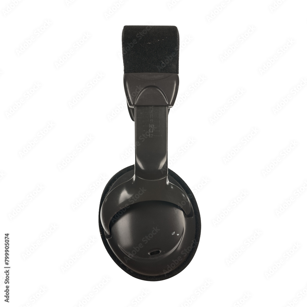 Old fashioned black DJ headphones on white studio background, Antique ...
