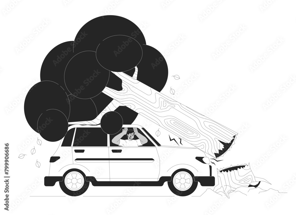 Road accident black and white cartoon flat illustration. Scared arab ...