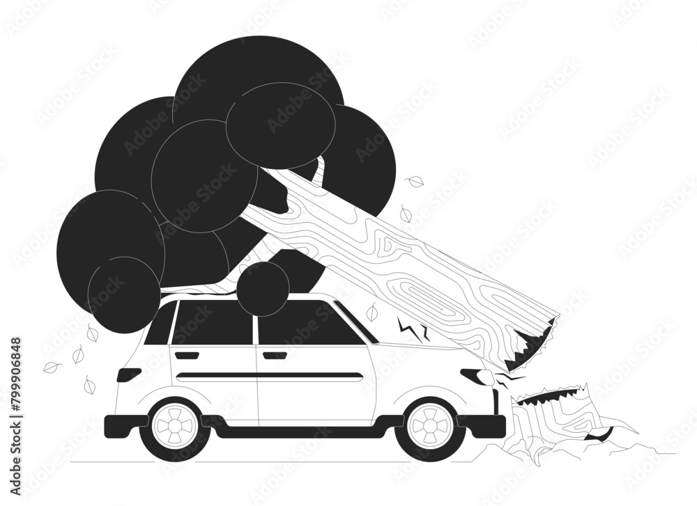Vetor de Tree falling down onto car black and white cartoon flat ...