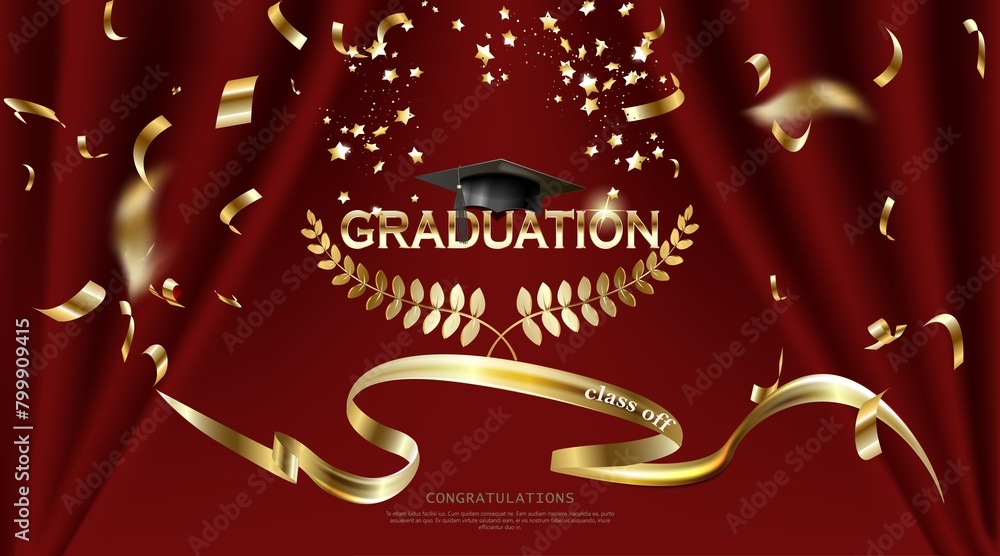 Graduation ceremony banner. Award concept with academic hat, golden ...