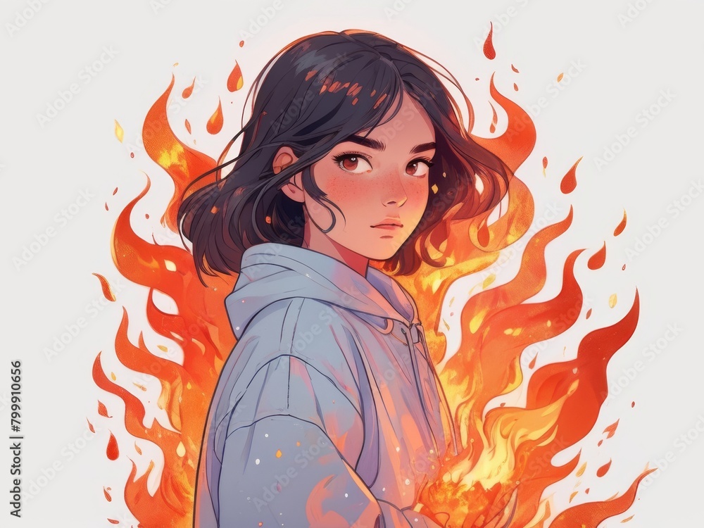 Fiery Beauty illustration, fire flame background, angry anime girl ...