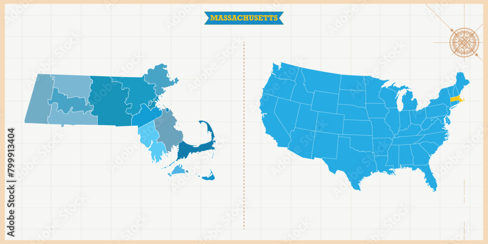 A Map Highlighting Massachusetts In The Usa Map Massachusetts And Usa Modern Map With Colorful