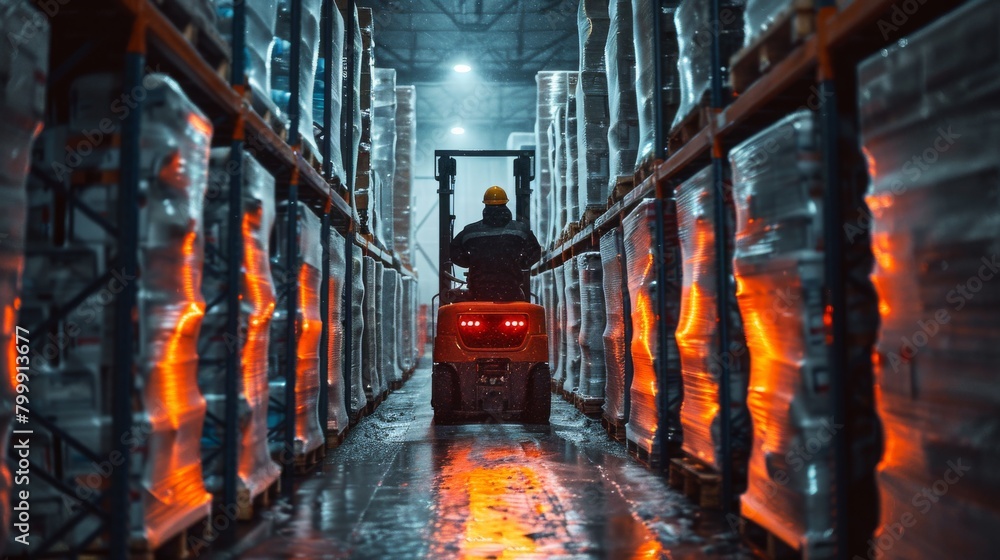 A worker operating a forklift to transport pallets of frozen chicken ...