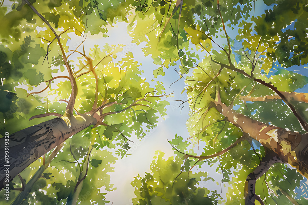 Watercolor painting pastel color steps of thick trees as seen from ...