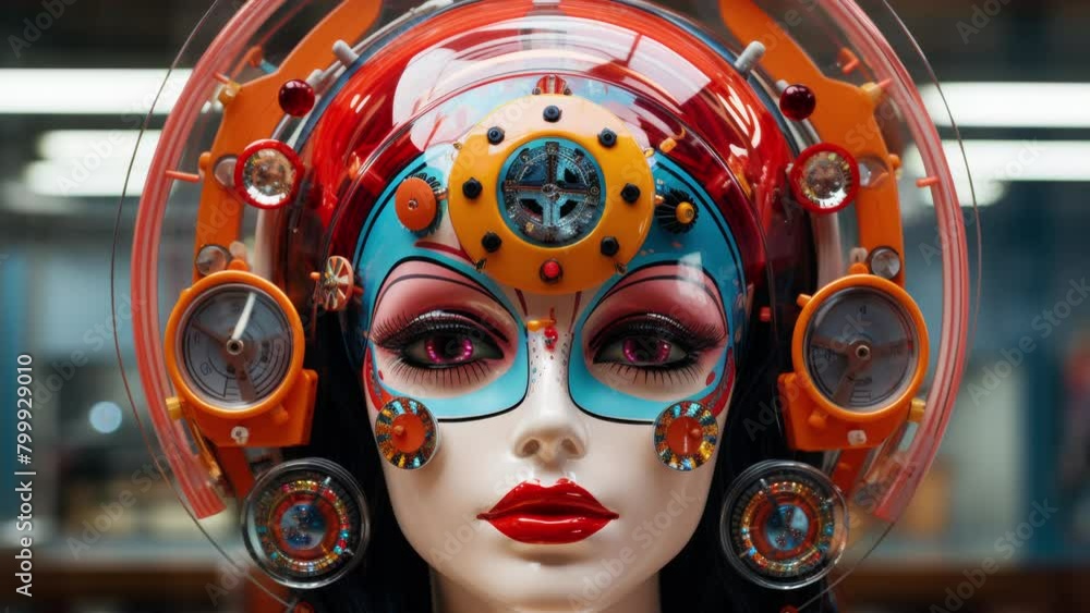 sequence of space age retro female robots with TV screen, headphones ...