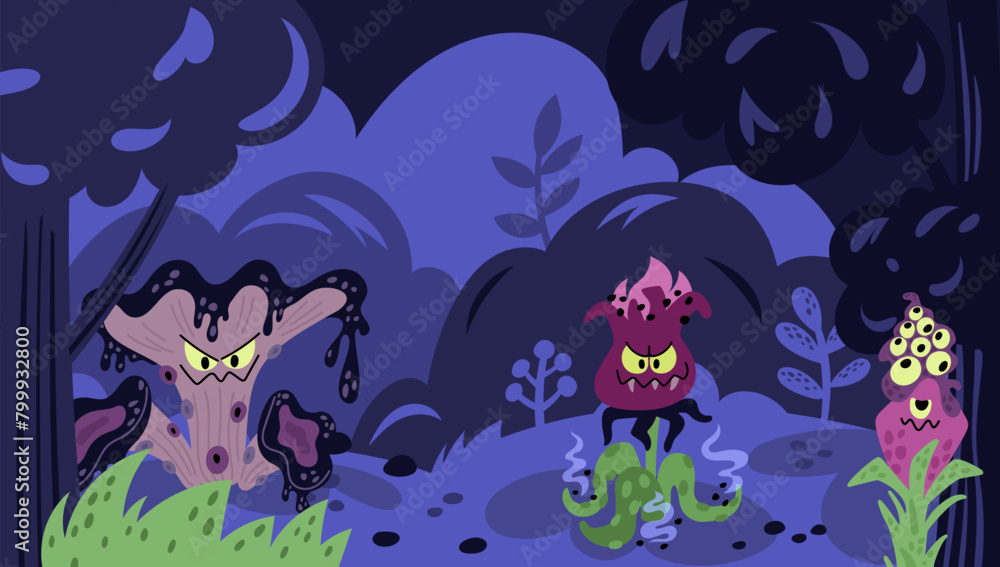 Monster plant landscape. Ominous fabulous forest landscape. Flowers and ...