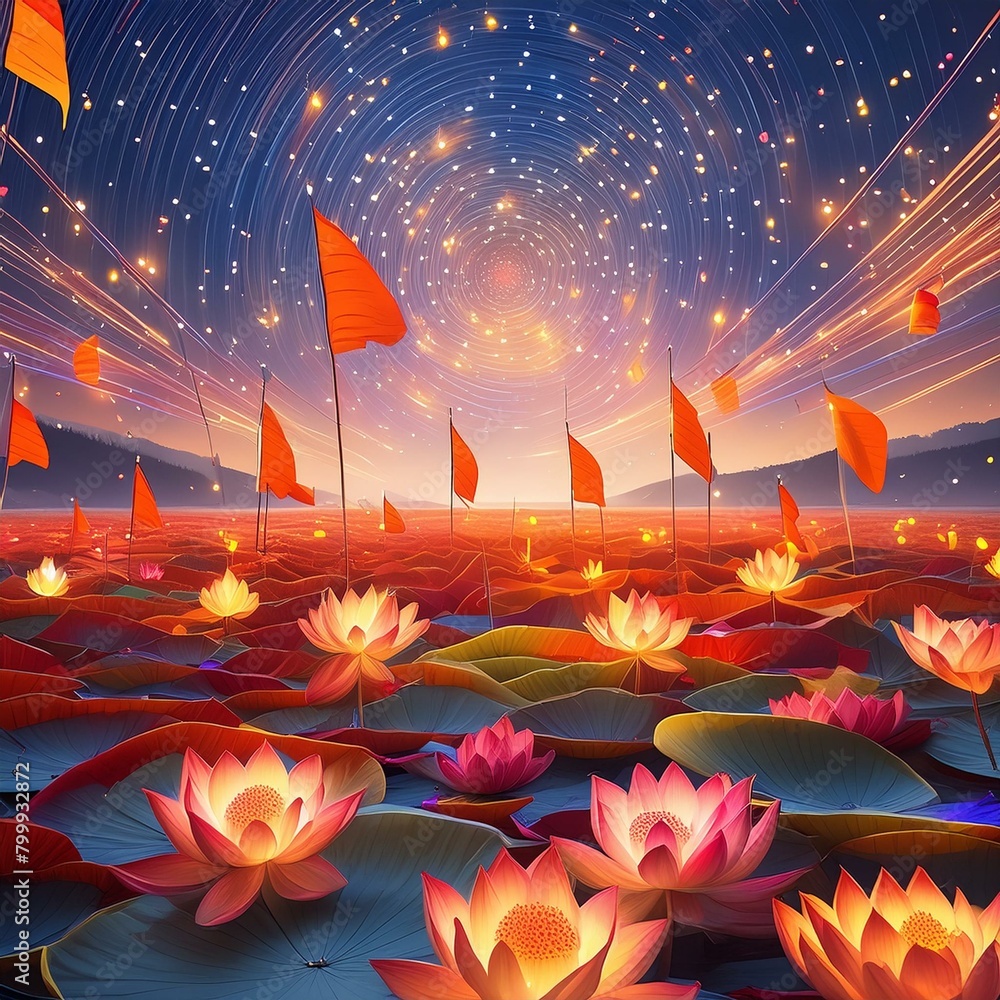 Red lotus a symbol of victory and Hindu flags illustration Stock Photo ...
