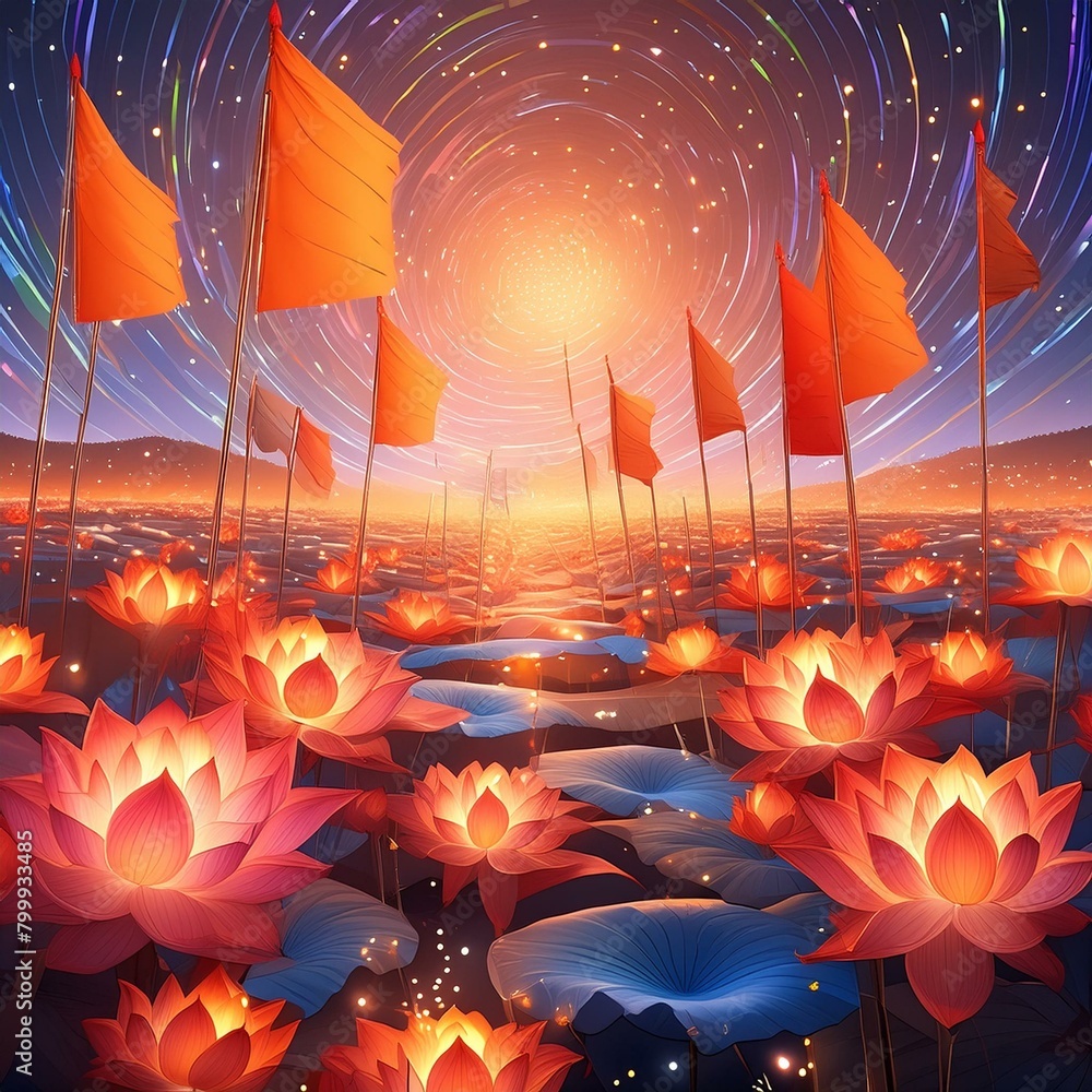 Orange hindu flags with universe Stock Illustration | Adobe Stock